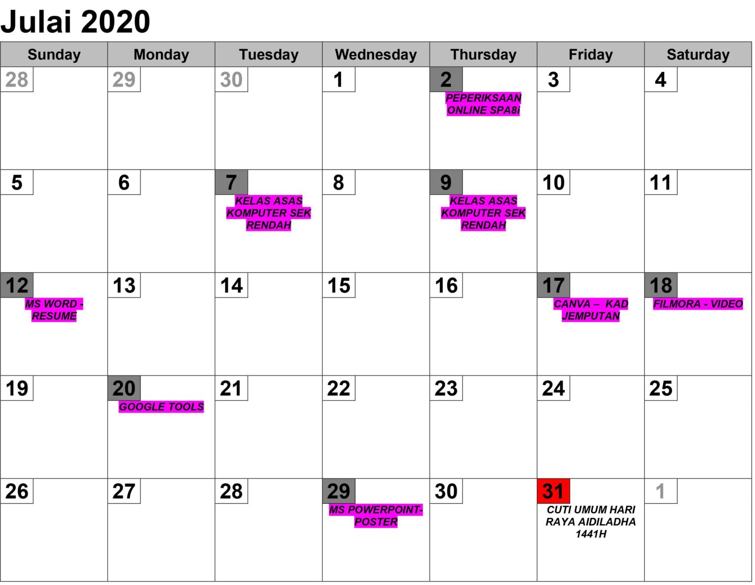 JADUAL AKTIVITI SEPANJANG BULAN JULAI 2020 – NADI Kandis
